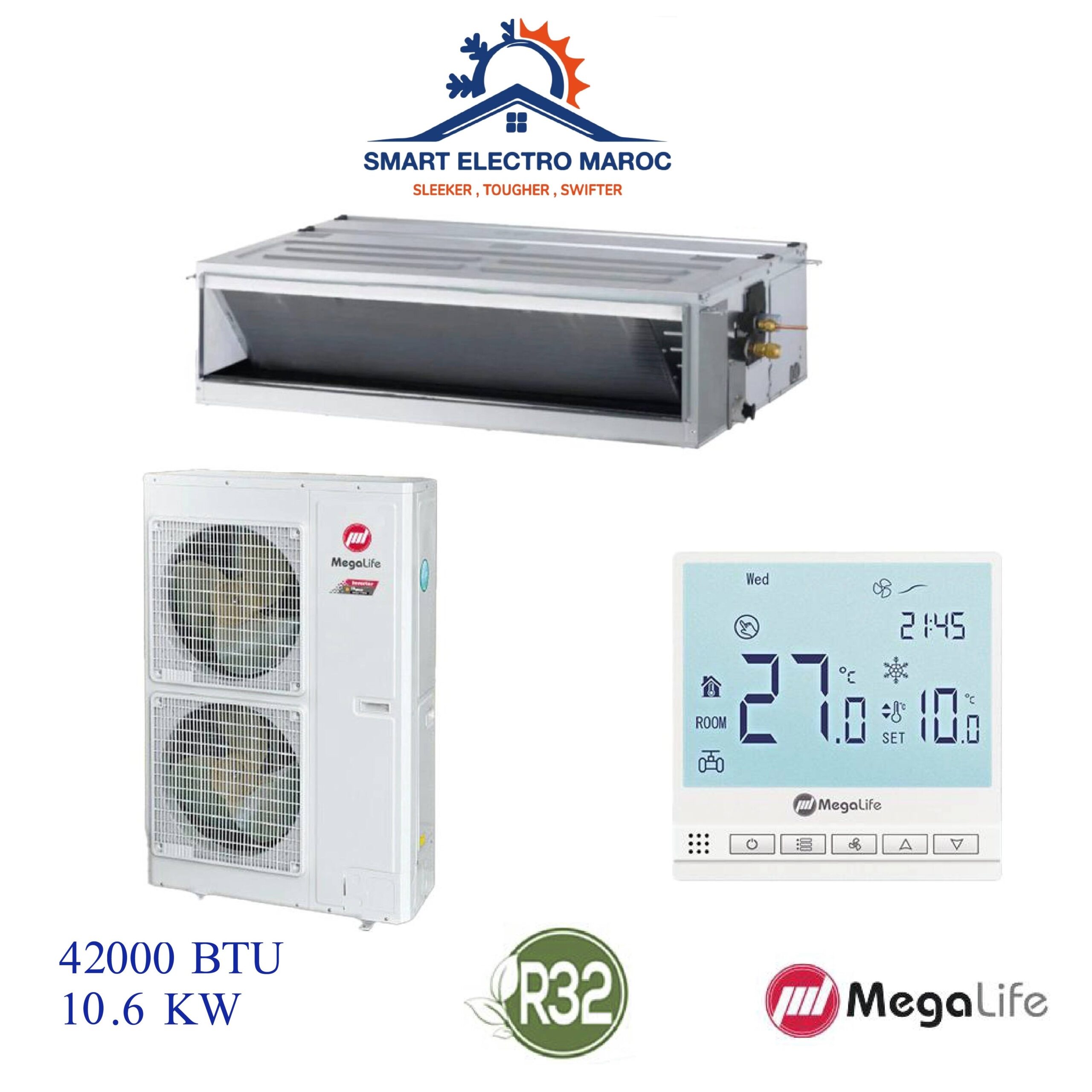 Climatiseur Gainable Mégalife 42000 BTU Inverter R32 Maroc
